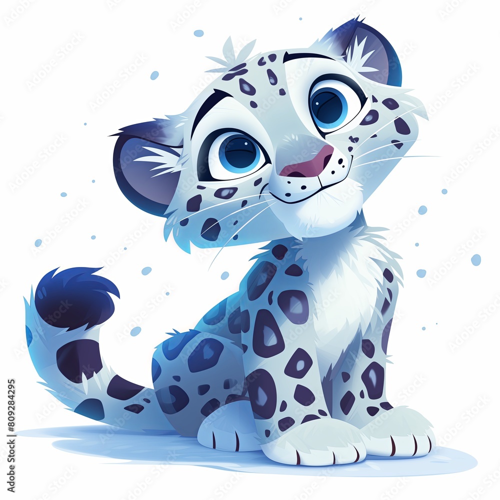 A lively cartoon illustration of a snow leopard cub with sparkling blue ...