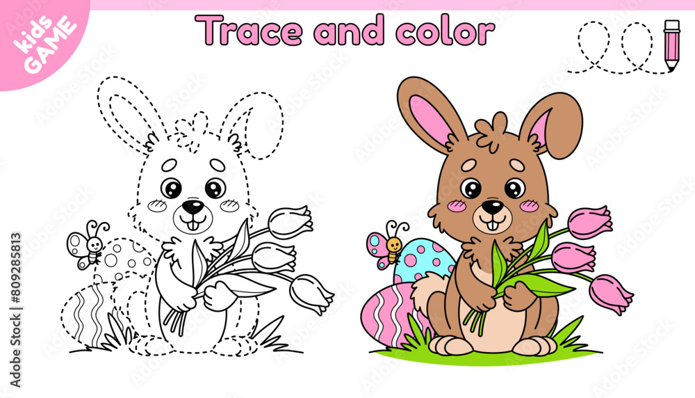 Kids educational Easter game Tracing lines. Cartoon rabbit holding ...