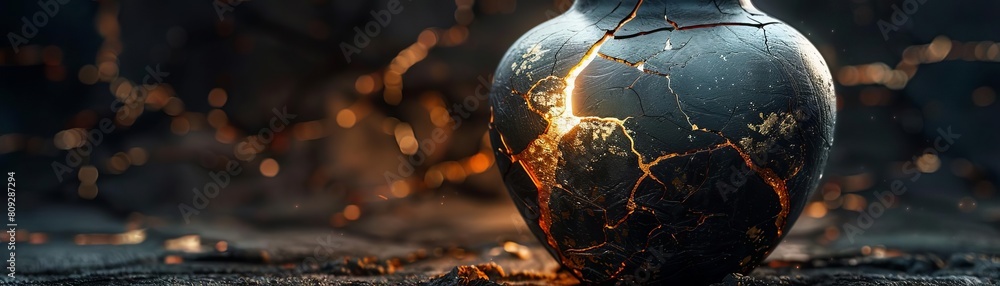 A symbolic scene of a broken vase with golden seams, representing the ...