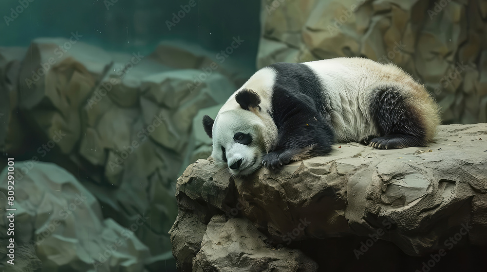 China's protected mammals. Portrait of a sleeping giant panda in a ...