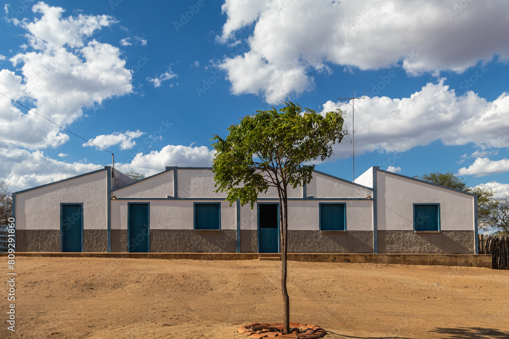 Typical colorful houses in the Brazilian interior contrast with the dry ...