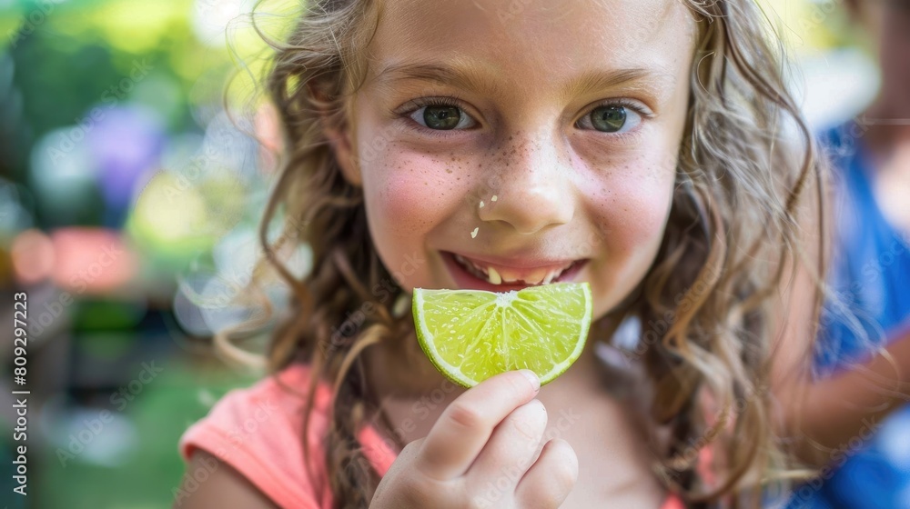 A happy little girl with freckles is enjoying a slice of lime, savoring ...