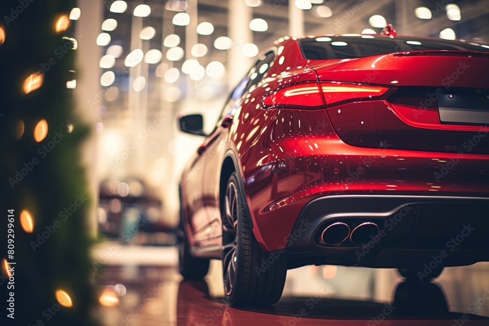 Red luxury compact crossover SUV parked at an indoor car show with a ...