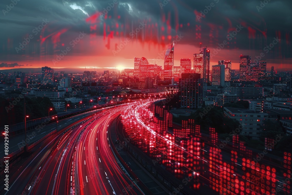 Data Driven Cityscape: Night falls over a city with red light streams ...