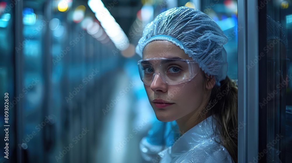 A young female scientist wearing a lab coat, hairnet, and safety ...