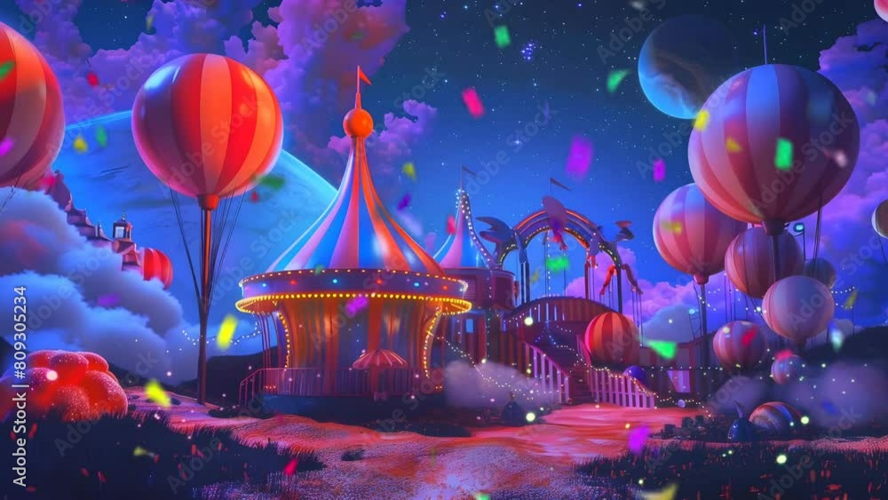 Colorful candy circus castle palace with confetti flying rain ...