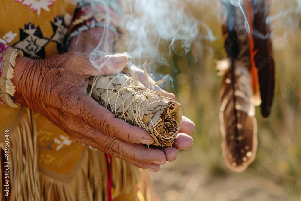 native american womans hands smudging with smoking sage bundle ...