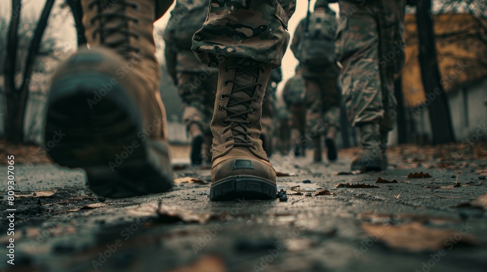 Ground-level view of soldiers marching on a leaf-strewn path ...