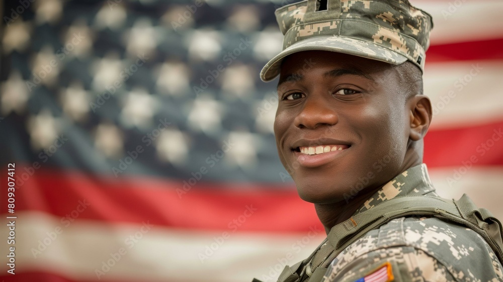 Smiling African American soldier in uniform with blurred US flag ...