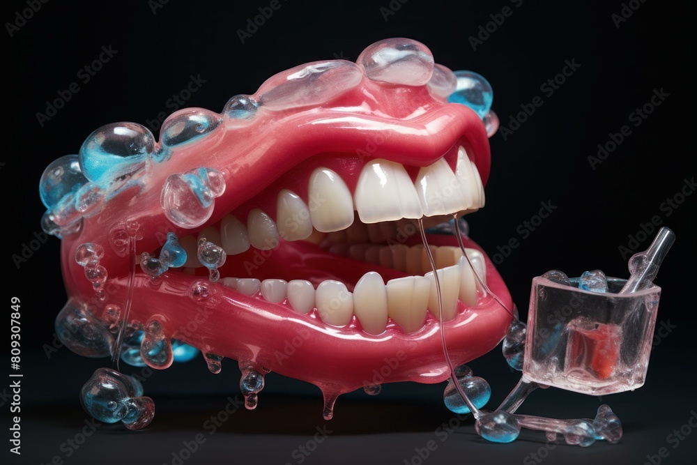 Artistic image featuring oversized chattering teeth, encased in bubbles ...