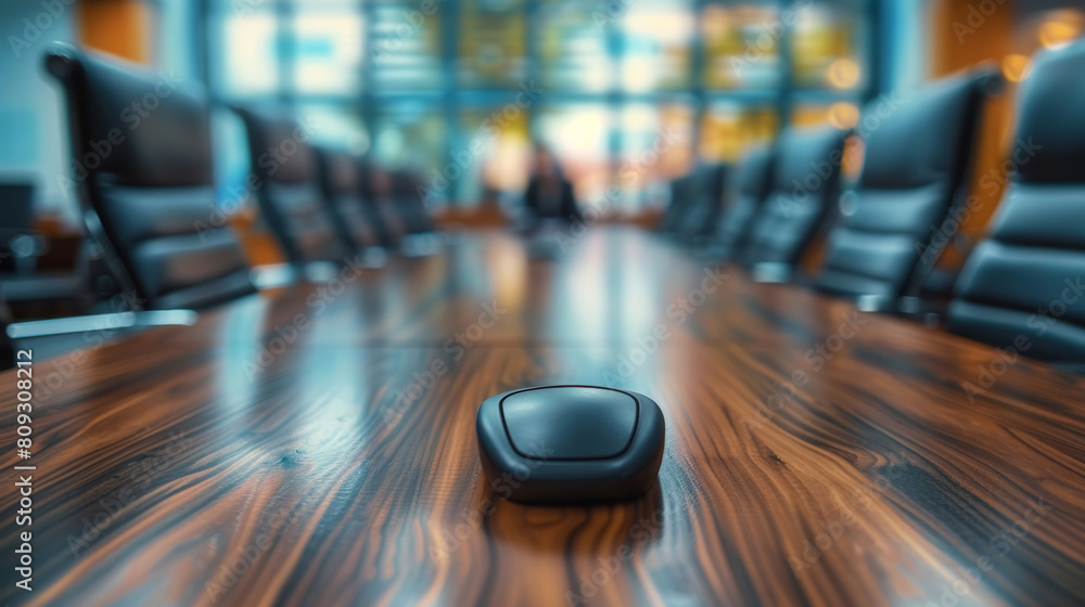 Business, table and empty boardroom with intercom, wood and workplace ...