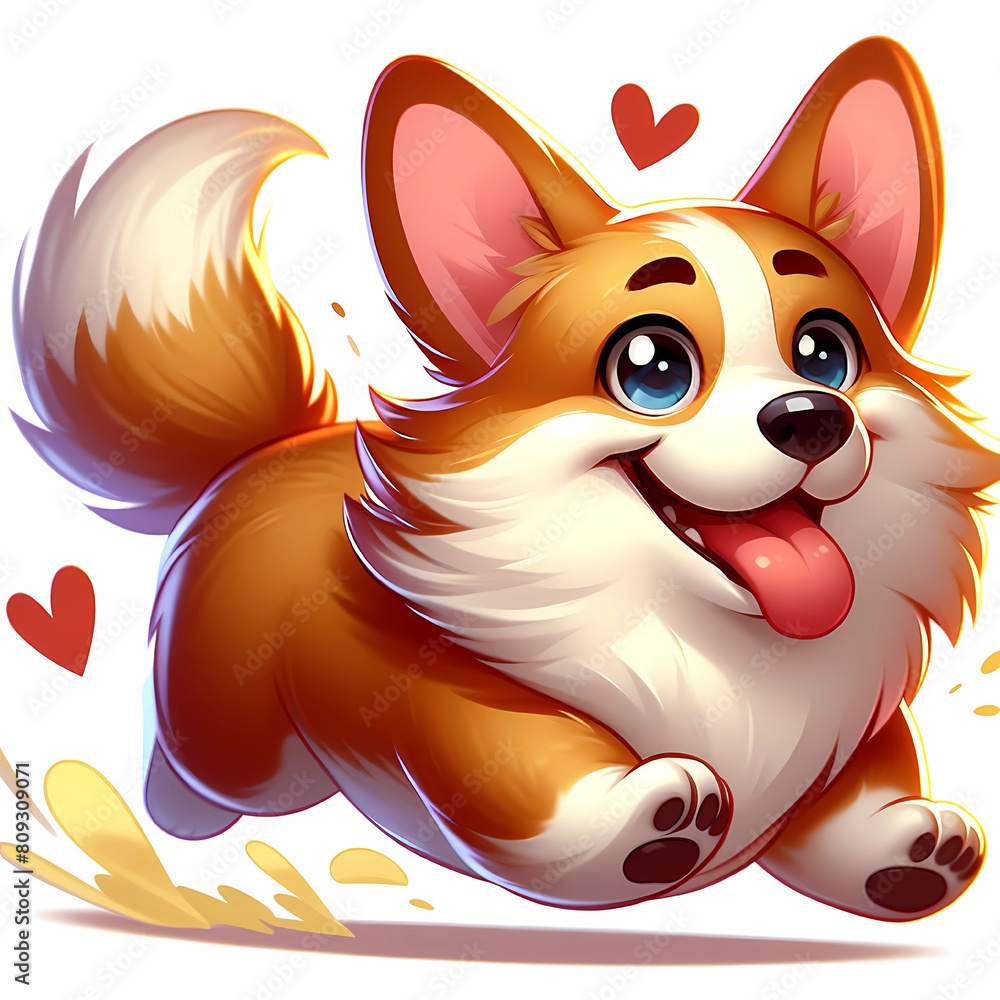 Cartoon illustration of cute running corgi dog with hearts Stock ...