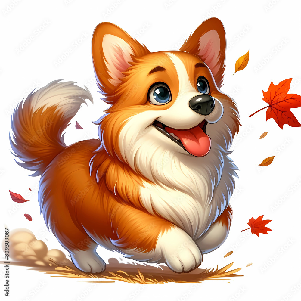 Cartoon illustration of cute running corgi dog with flying leaves Stock ...