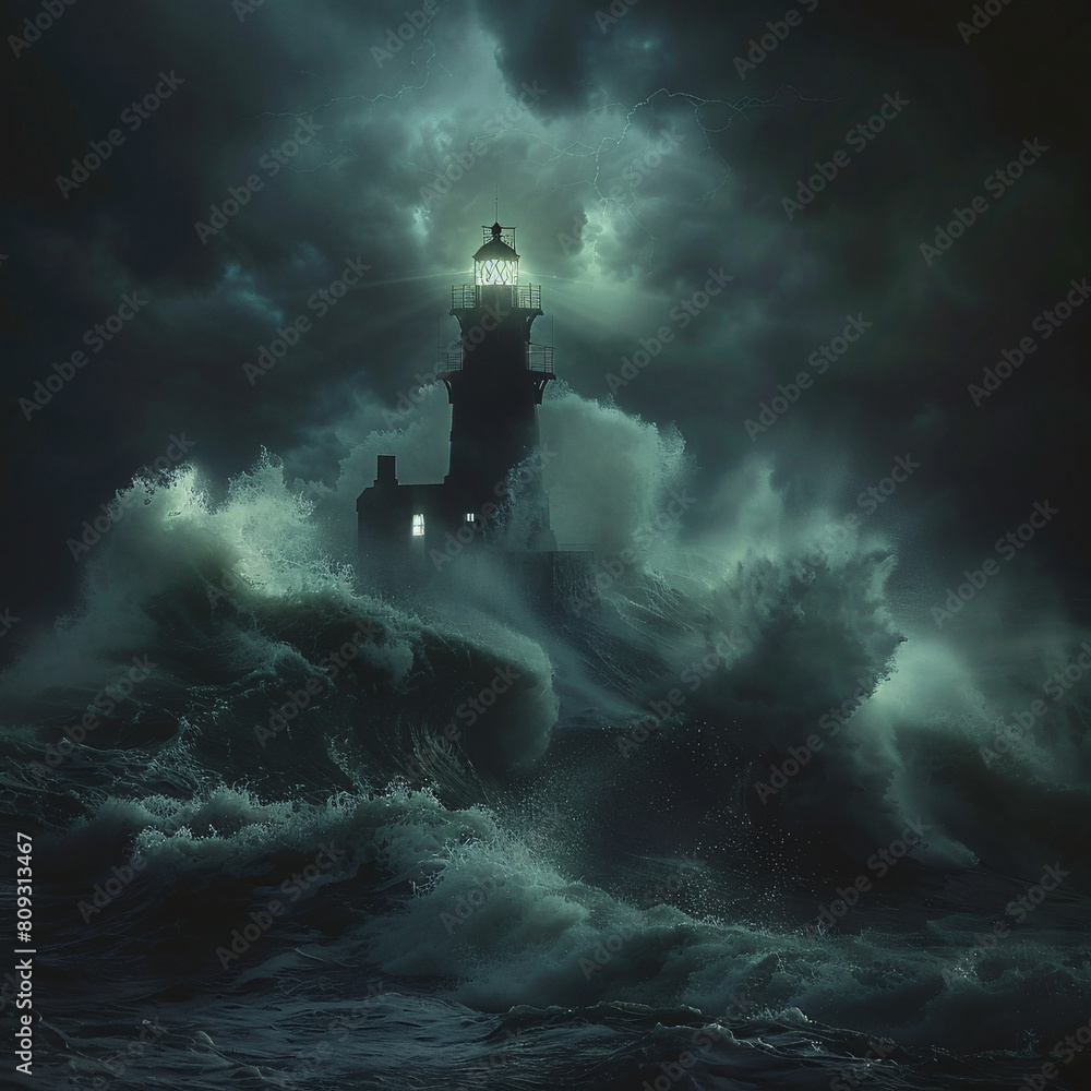 "Stormy Night at the Lighthouse: Waves Crashing and Light Beaming" "Lighthouse Enduring Storm ...