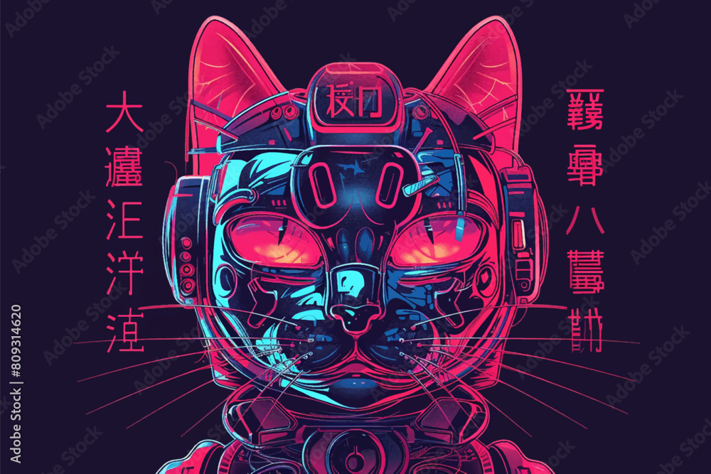 Futuristic neon cyber cat in cyberpunk style on a black background ...