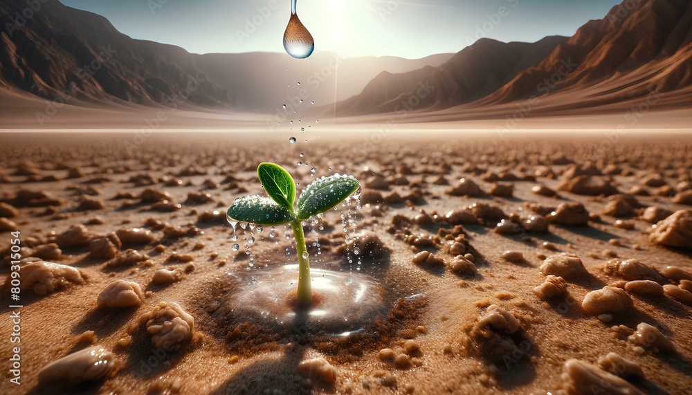 the images depicting water dripping on a growing seedling in the desert ...