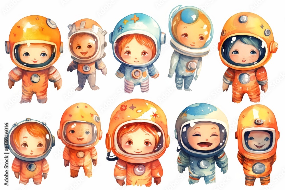 Set of cute cartoon images of an astronaut with a smiling face, drawn ...