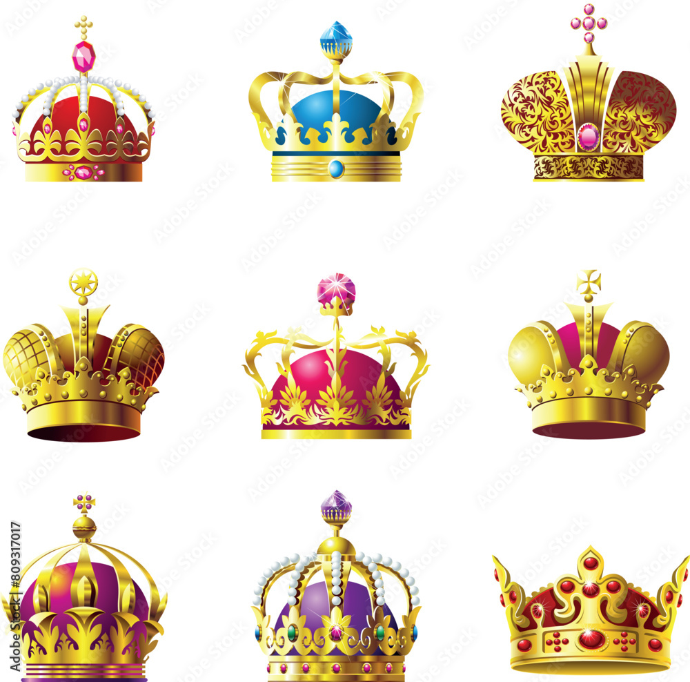 Set of 3d golden crown icons. Royals crown symbol collection. Crown gold icons set. Golden crown ...
