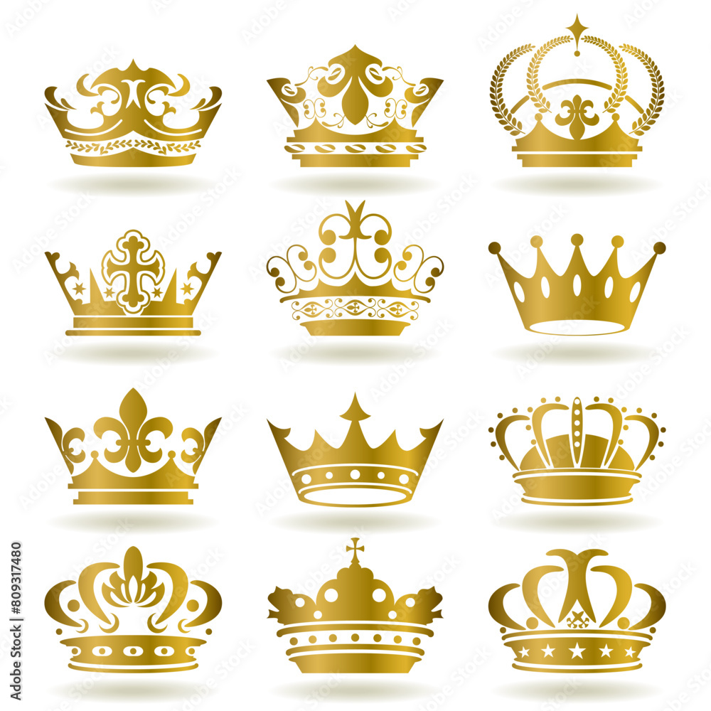 Set of 3d golden crown icons. Royals crown symbol collection. Crown ...