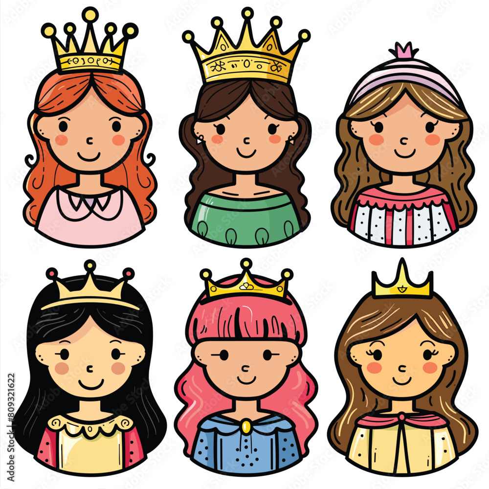 Six cartoon princesses smiling faces crown royalty cute, princess ...