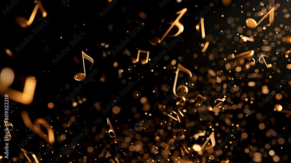 Gold musical notes flying in the air on black background with copy ...