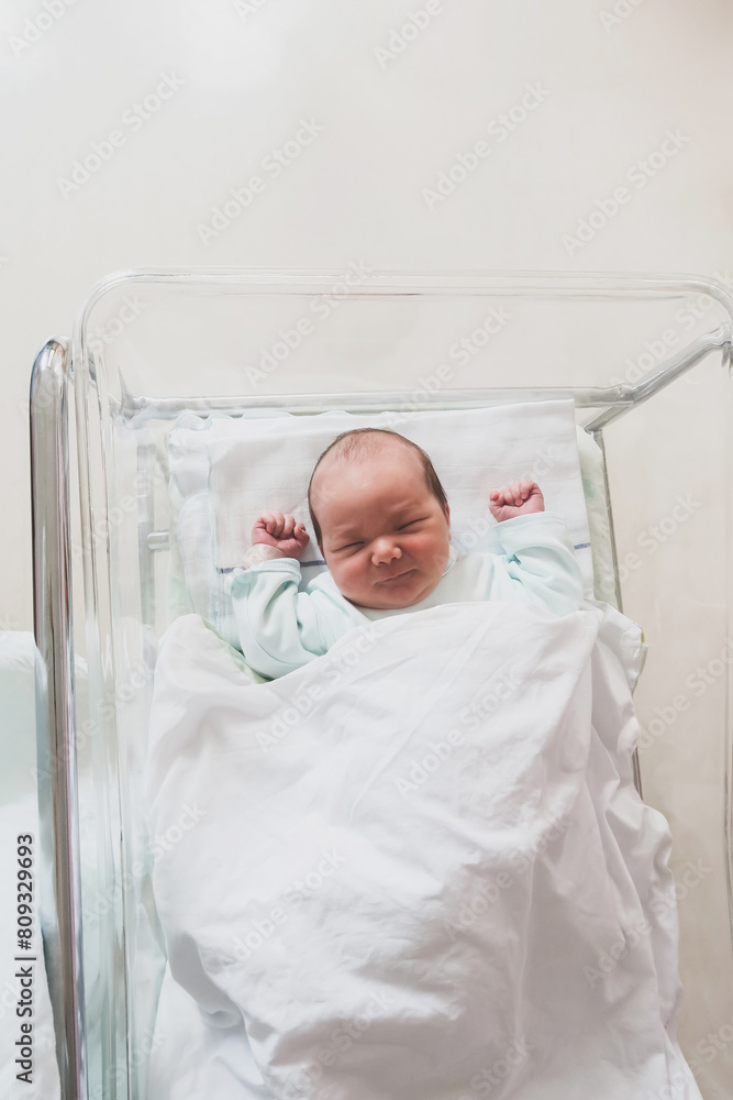 Newborn baby is sleeping in small transparent portable plastic bed ...