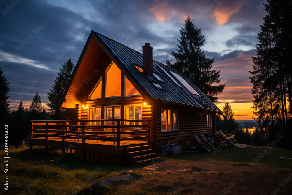 Exterior view of a modern log cabin against sunset sky, mountains ...