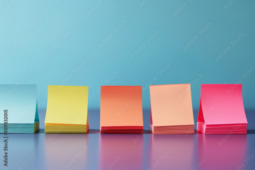 Sticky notes, art and creativity with color in studio on blue ...