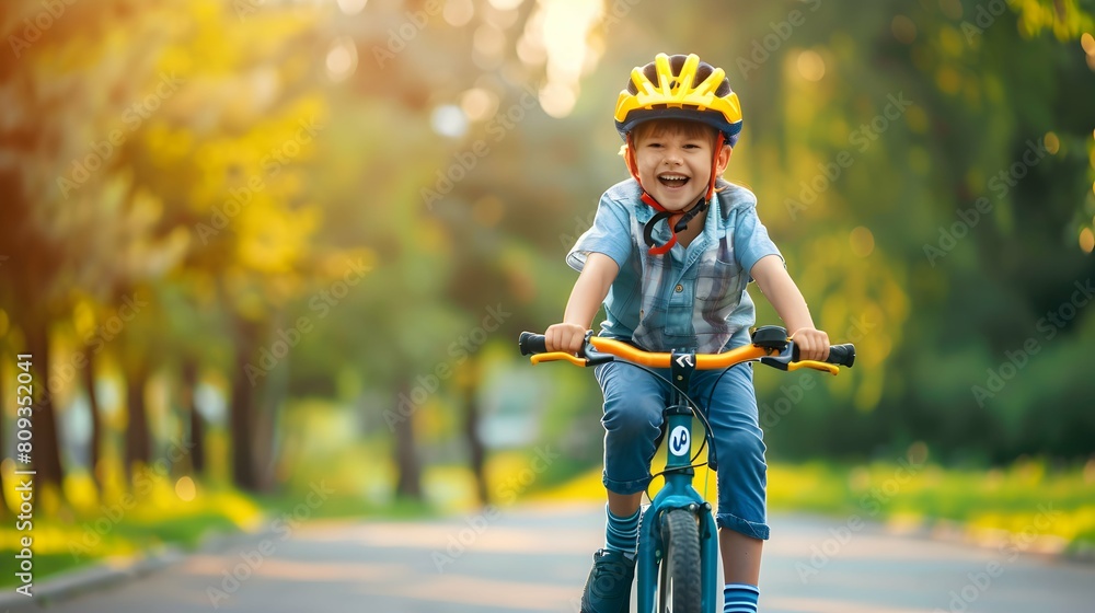 Little kid boy ride a bike in the park. Kid cycling on bicycle. Happy smiling child in helmet ...