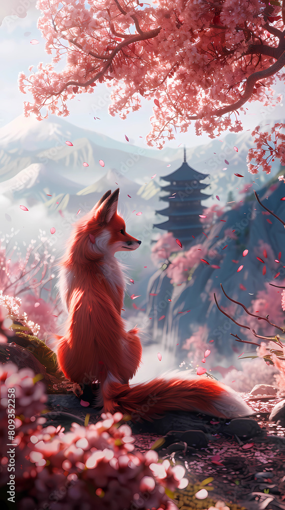 Collection of a majestic kitsune (nine-tailed fox) with fur like spun ...