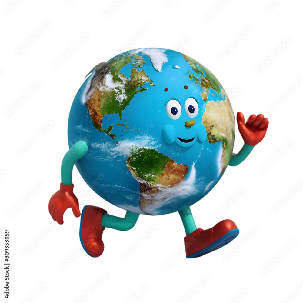 3D cartoon walking earth planet character on transparent background ...