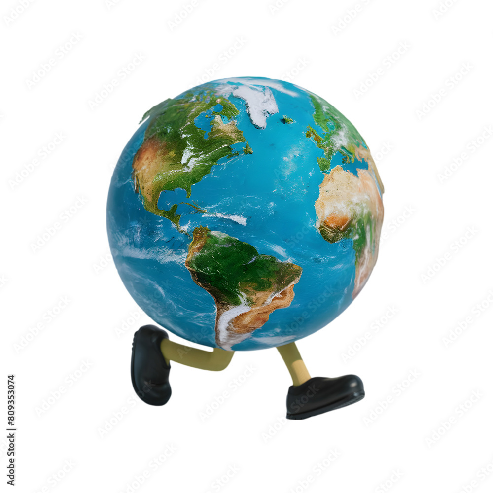 3D cartoon walking earth planet character on transparent background ...