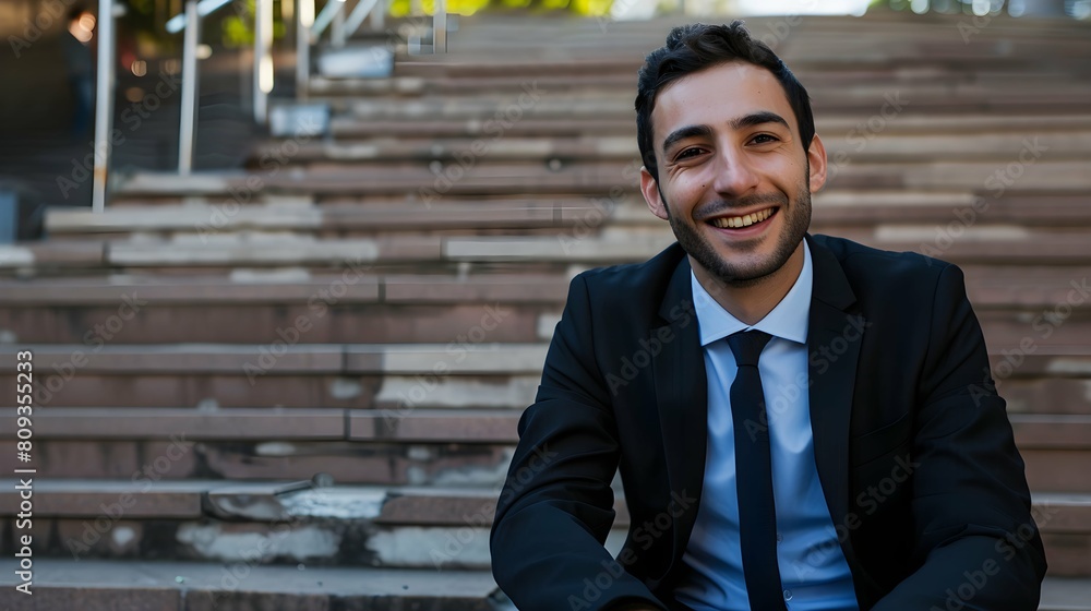 Businessman, smile and tablet on steps in outdoor in portrait for ...