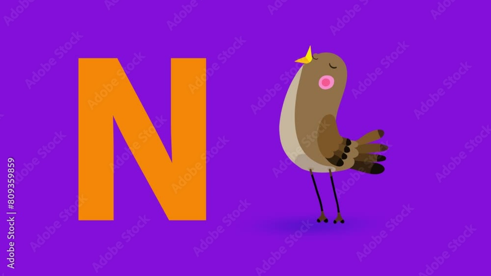 N letter big color nightingale cartoon animation. Animal night singing ...