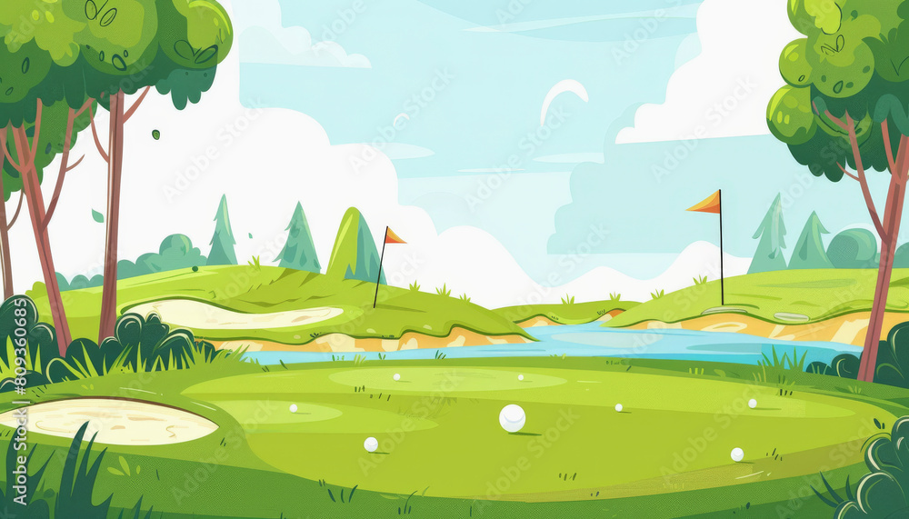 Colorful cartoon illustration of a serene golf course with lush ...