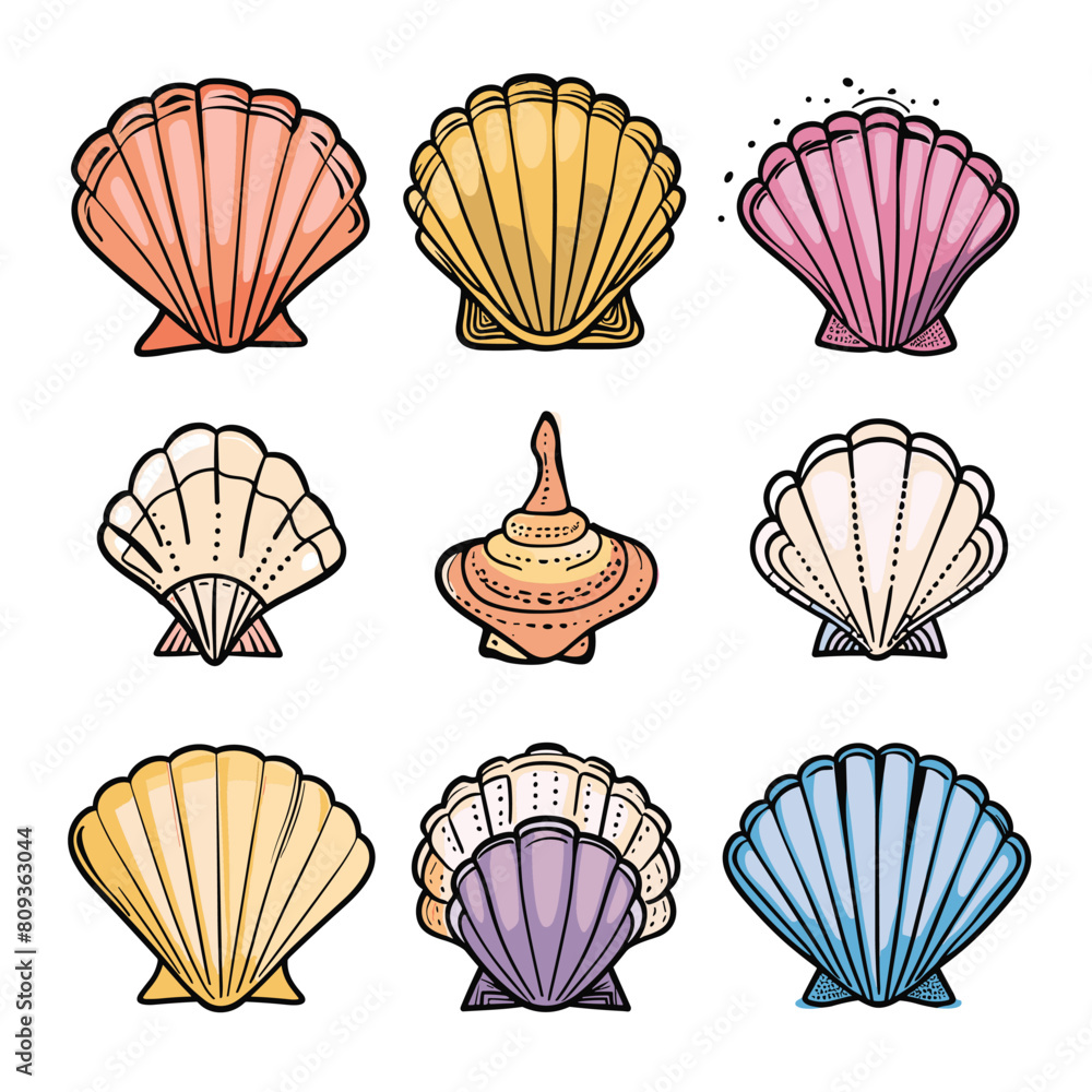 Set colorful seashell illustrations isolated white background, marine ...