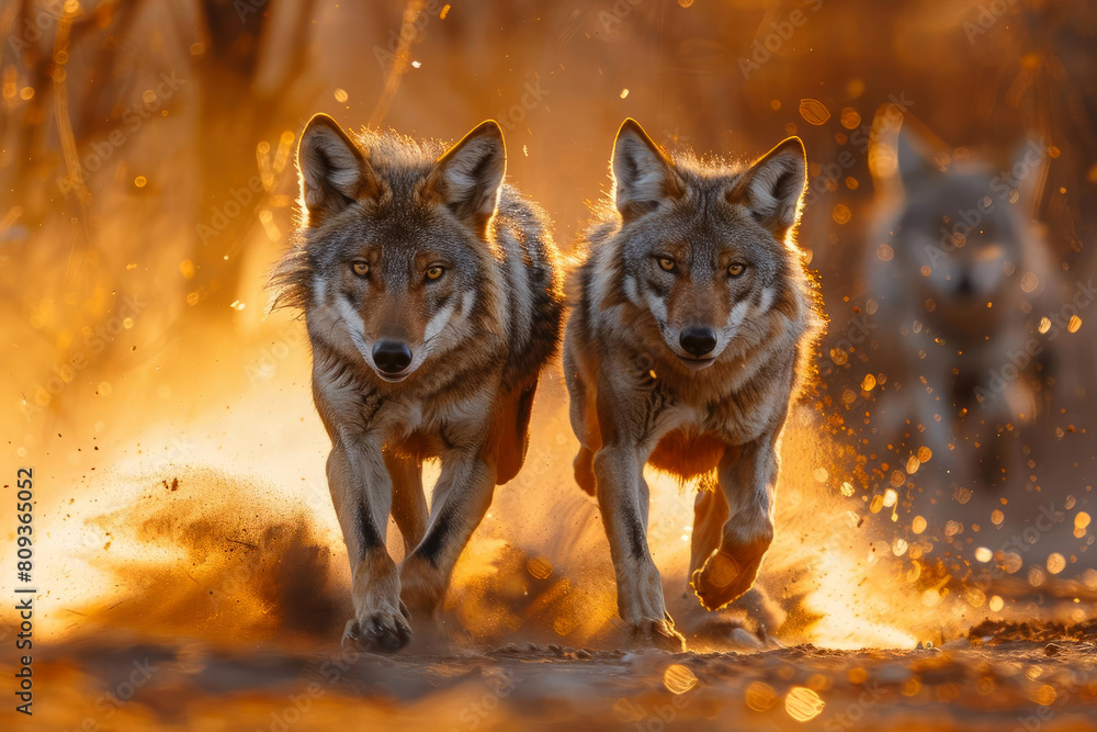 African Ethiopian wolves in a spirited charge through the desert at ...