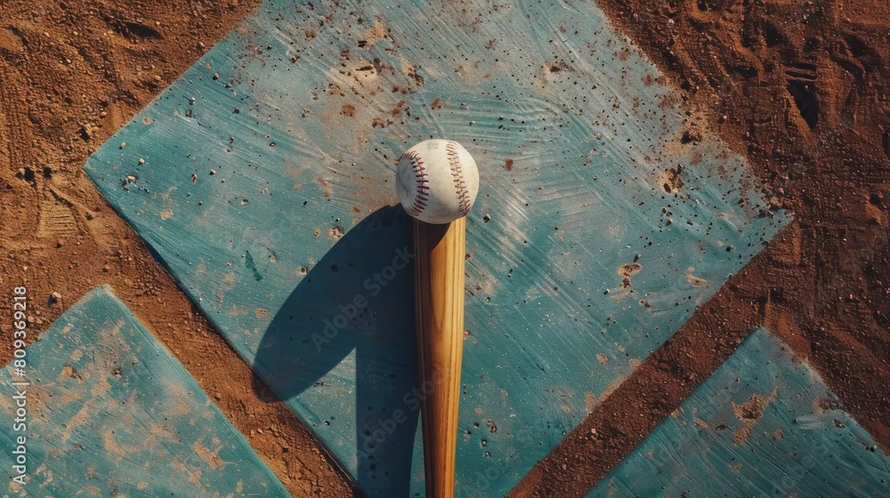 op View of Baseball Bat and Ball on Home Plate with Blue Dusty ...
