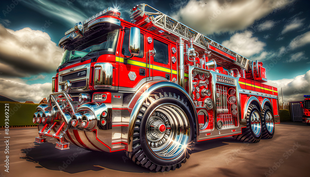 A cool fire truck render showcases a sleek, modern design with vibrant ...