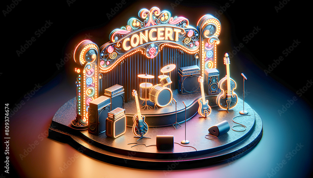 A 3D render depicts a tiny dollhouse rock concert stage, complete with ...