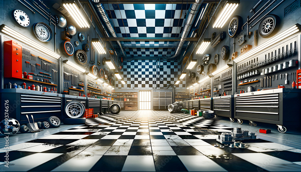 A high-tech race car garage repair shop, headquarters of a winning ...