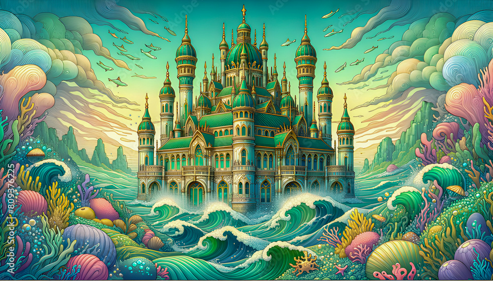 In the heart of a desert oasis, a Persian fantasy castle gleams with ...