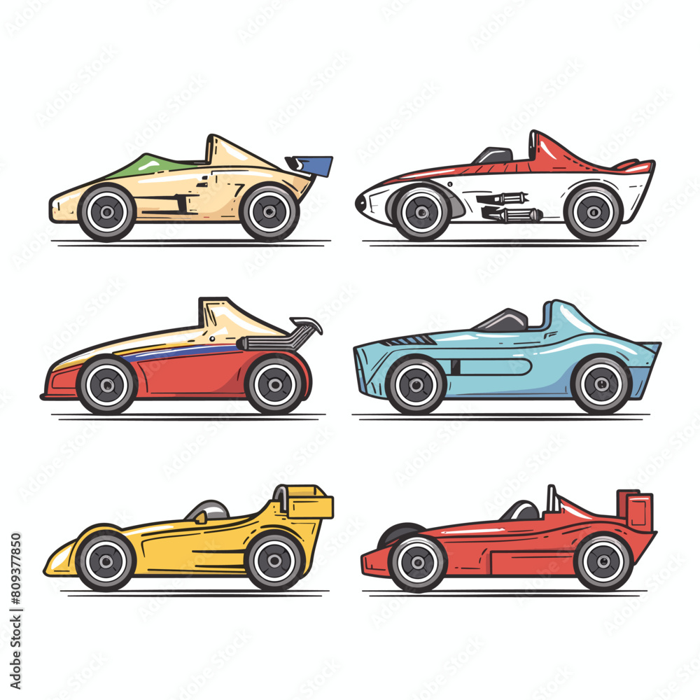 Collection six colorful vintage race cars, side view, isolated white ...