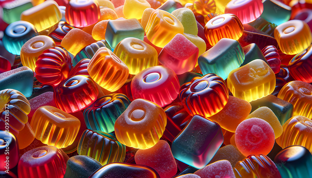 A colorful assortment of gummy vitamin candies, bursting with fruity ...