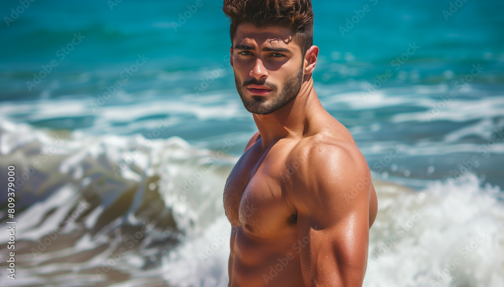 Male swimwear model poses confidently on a beach, with waves crashing ...
