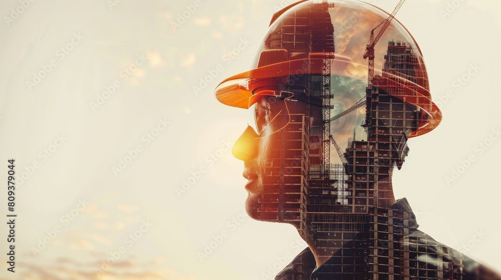 Double exposure of a close-up engineer wearing a safety helmet ...