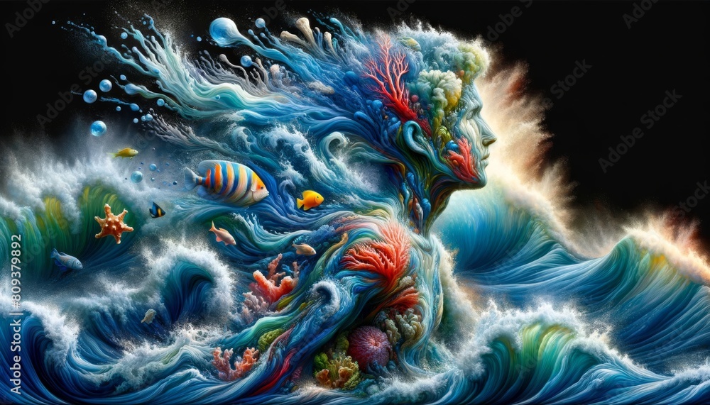 A person blending with the ocean waves, with sea creatures like fish ...