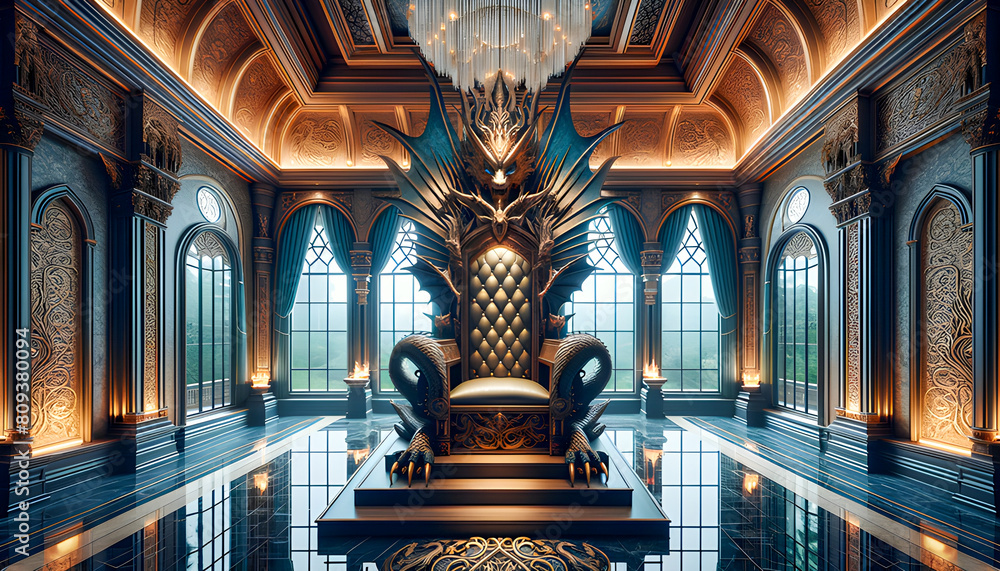A grand wooden dragon throne, intricately carved with dragon motifs ...