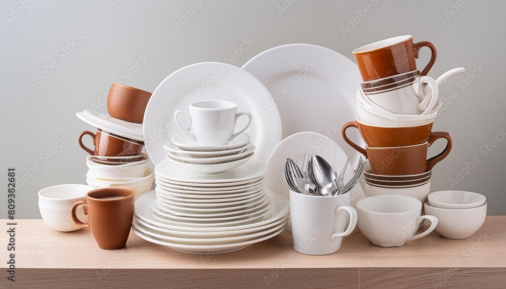 clean empty white dishes and cups on transparent background eco ...