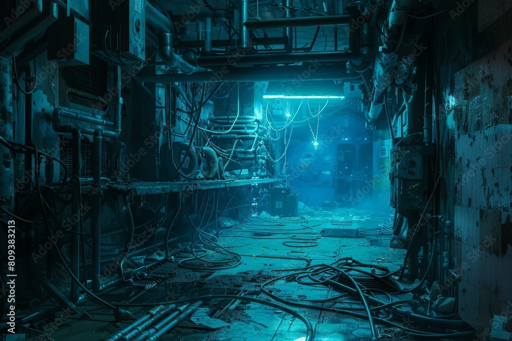 A derelict engineering bay filled with exposed wires and sparking ...